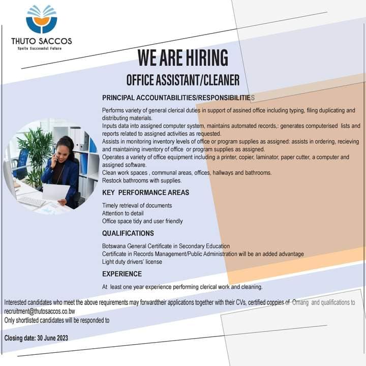 Office Assistant/Cleaner [Thuto Saccos] - Dispane